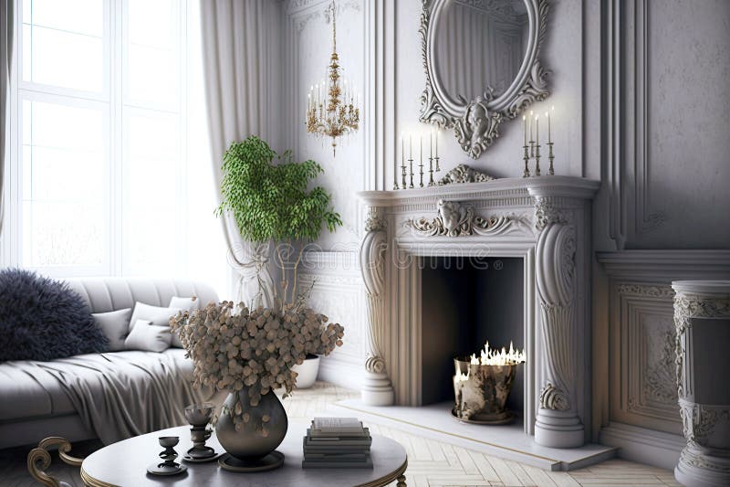 Light Grey Cozy Baroque Interior with Decorative Fireplace Stock ...