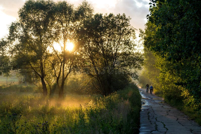 Light Haze after Rain at Sunset and a Quiet Path with Cyclists Stock ...