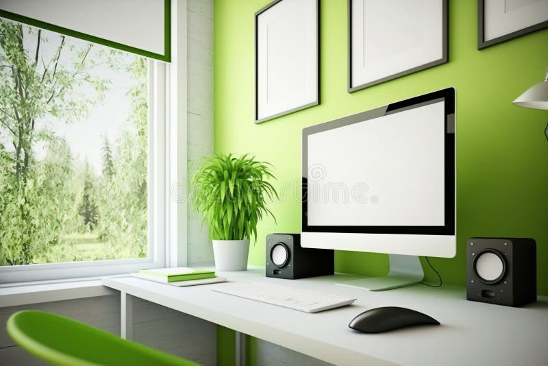 Light Home Interior with Pc Computer Near Panoramic Window , Created ...