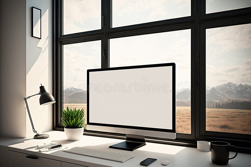 Light Home Interior with Pc Computer Near Panoramic Window , Created ...