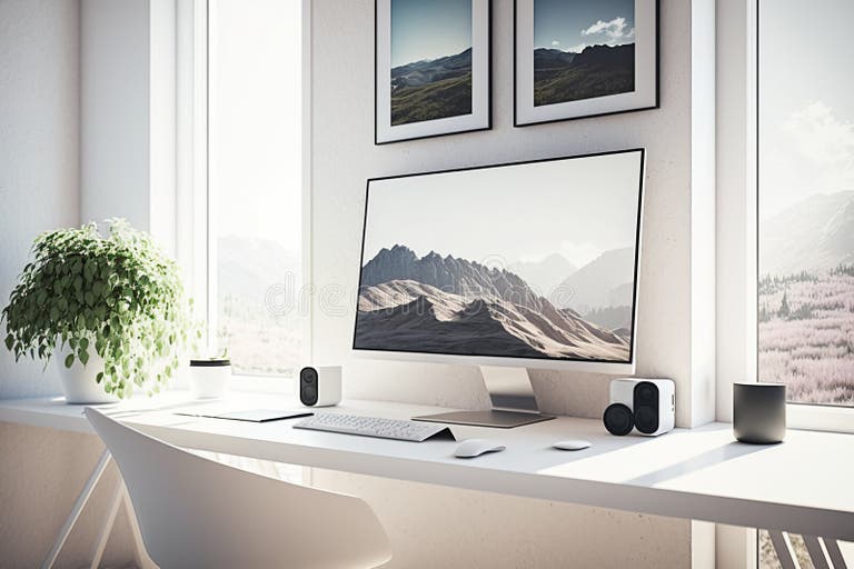 Light Home Interior with Pc Computer Near Panoramic Window , Created ...