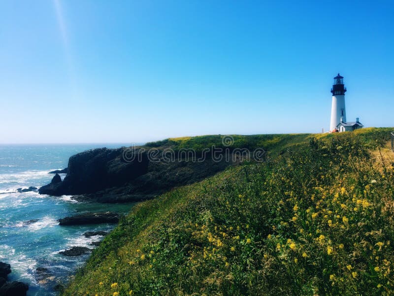 Light House on Oregon Cliff Stock Photo - Image of lighthouse, house ...