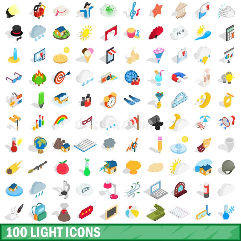 100 Light Icons Set, Isometric 3d Style Stock Vector - Illustration of ...