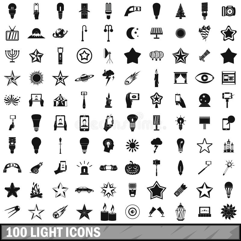 100 Light Icons Set in Simple Style Stock Vector - Illustration of ...