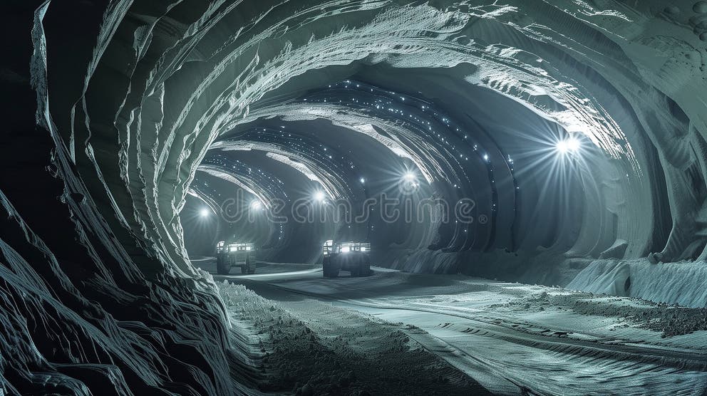 Light Illuminates the Interior of a Tunnel Where Machinery Extracts ...