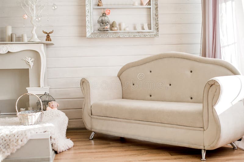 Light Interior with White Couch and Wall Shelves Stock Image - Image of ...