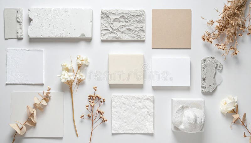 Light Ivory Moodboard with Plaster Textures Fabrics and Dried Flowers ...