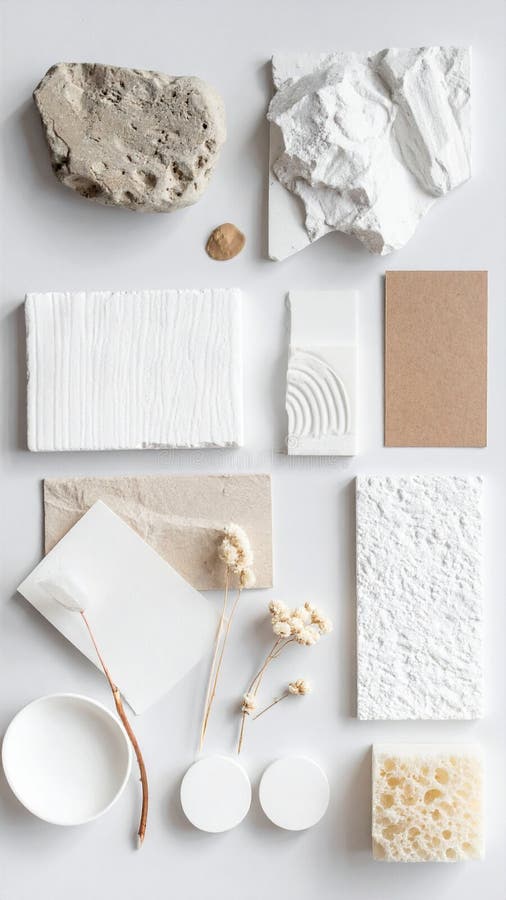 Light Ivory Moodboard with Plaster Textures Fabrics and Dried Flowers ...