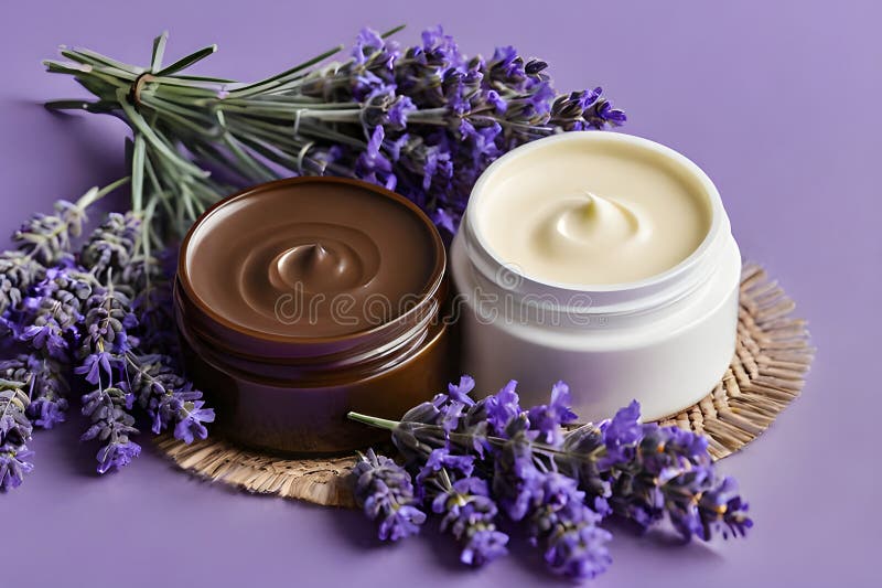 Light Jars for Presentation of Cream on a Lilac Background with ...