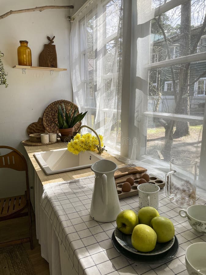 Light Kitchen with Big Windows the Backyard Overlooking Stock Image ...