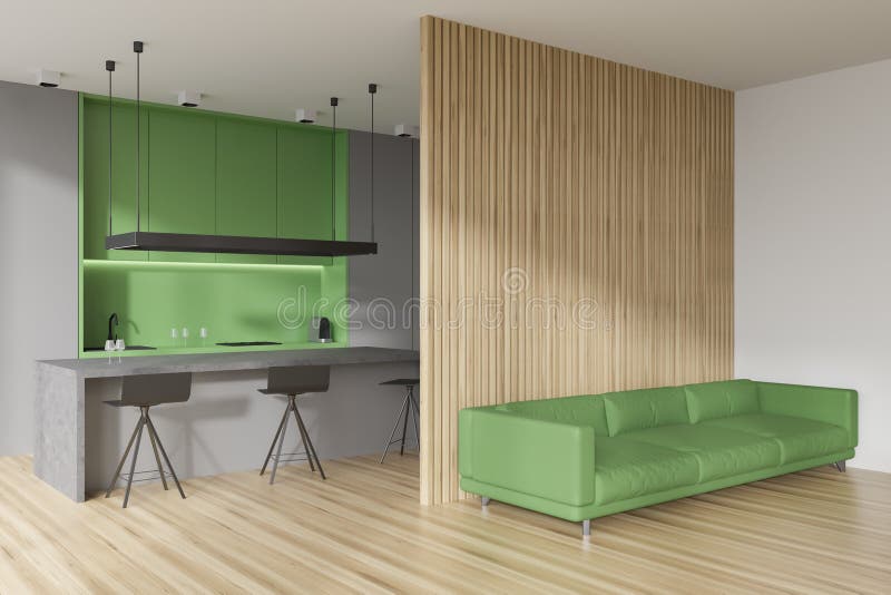 Light Kitchen Interior with Bar Countertop and Chill Area. Empty Wall ...