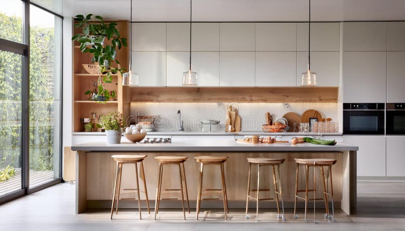 Light Kitchen Interior with Bar Countertop and Cooking Space with ...