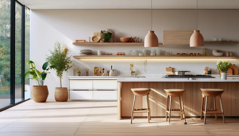 Light Kitchen Interior with Bar Countertop and Cooking Space with ...