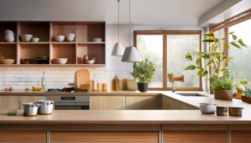 Light Kitchen Interior with Bar Countertop and Cooking Space with ...