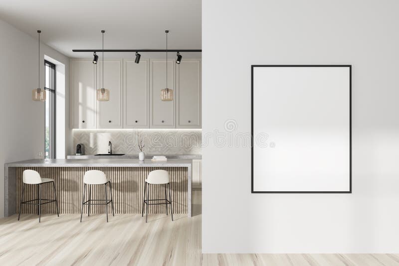 Light Kitchen Interior with Bar Countertop and Kitchenware. Mockup ...