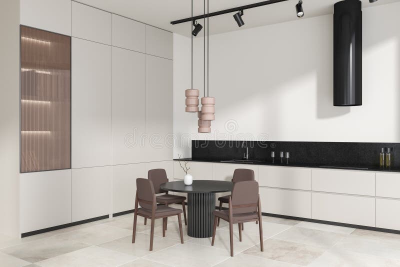 Light Kitchen Interior with Cooking and Dining Corner with Kitchenware ...