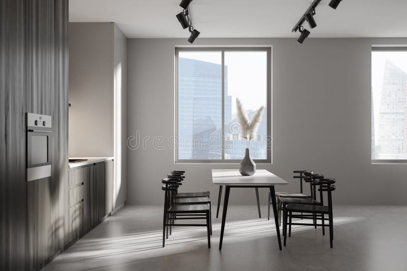 Light Kitchen Interior with Eating Table and Seats, Panoramic Window ...