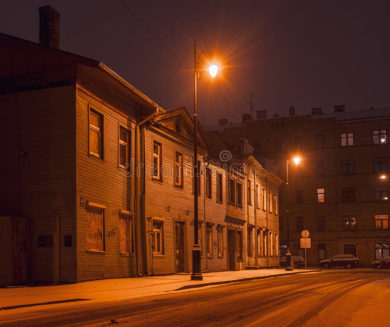 The Light of Lanterns on the Winter Night Streets of Riga Stock Image ...