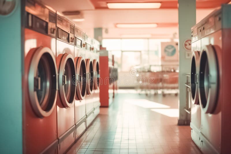 Light Laundry Interior with Row of Washing Machines in Laundromat ...