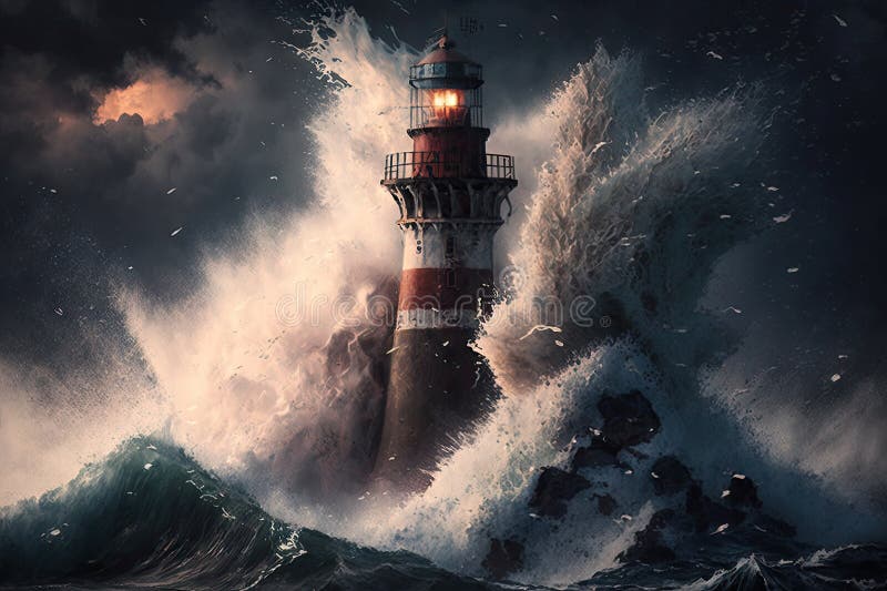Light from a Lighthouse on a Stormy Sea Stock Illustration ...