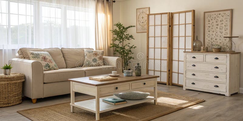 Light Living Room with Folding Screen and Sofa Stock Photo - Image of ...