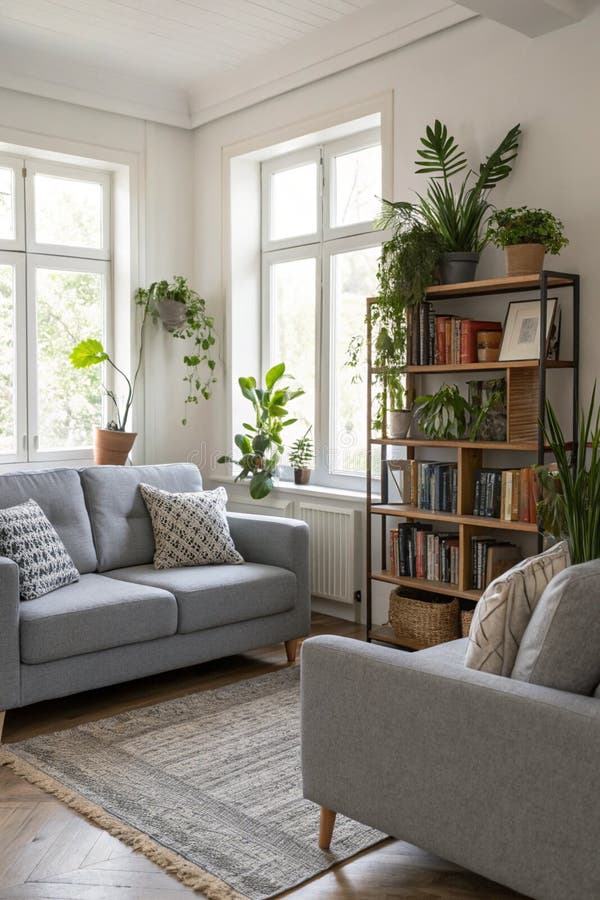 Light Living Room with Grey Sofas, Shelf Unit, and Plants Stock Image ...