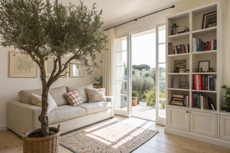 Light Living Room with Olive Tree and Shelf Units Stock Photo - Image ...