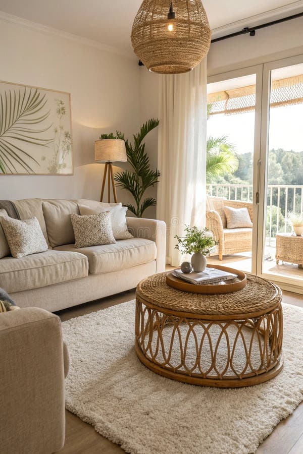 Light Living Room with Sofas, Rattan Table, and Soft Carpet Stock Photo ...