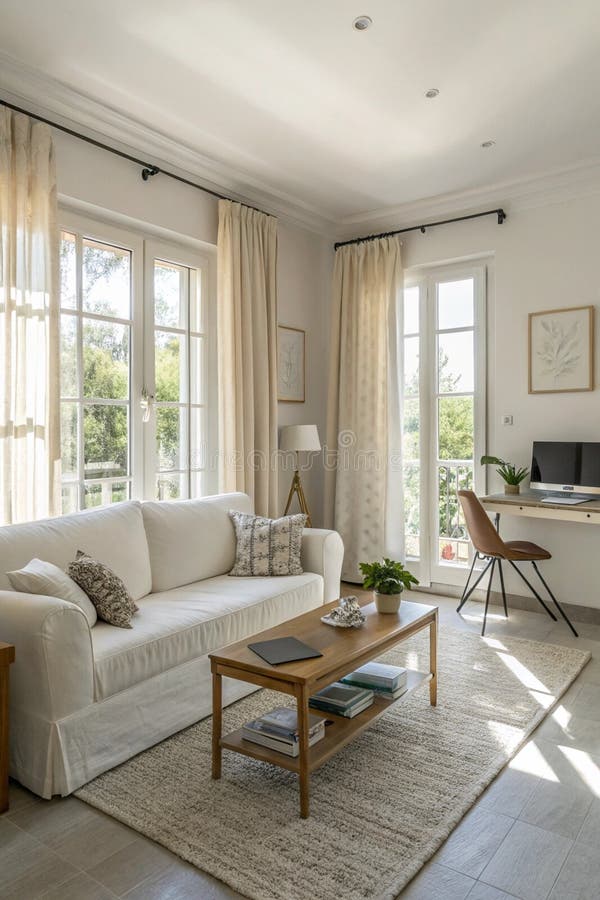 Light Living Room with White Sofa and Coffee Table Stock Photo - Image ...