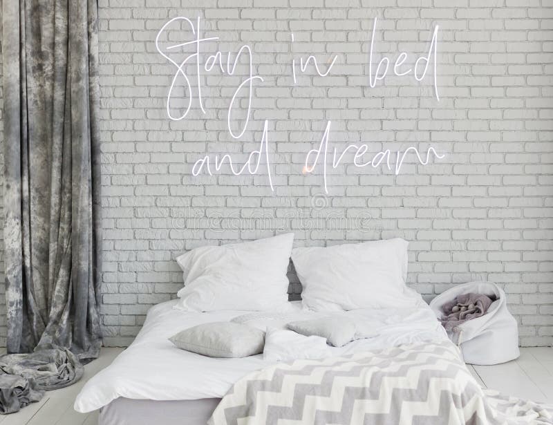 Light Loft Bedroom with Neon Sign Stock Image - Image of hygge, home ...