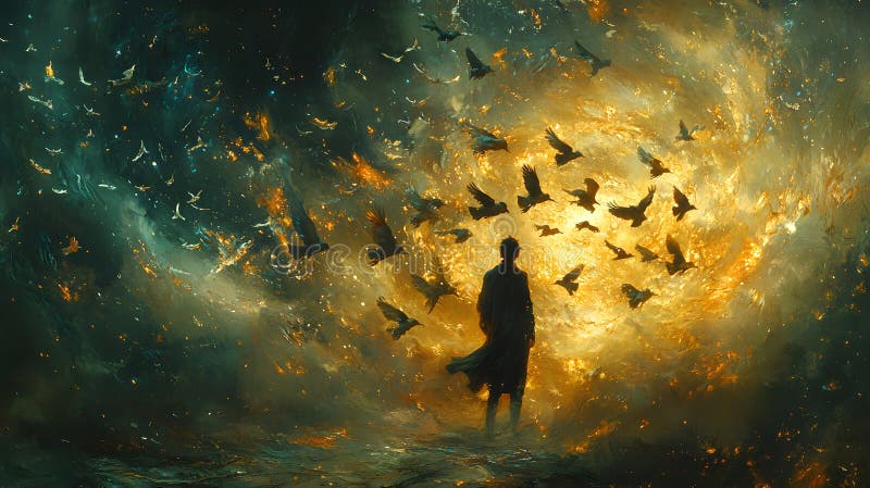 Into the Light: a Lone Figure Amidst the Chaos of Flight Stock ...