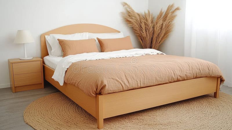 Light Maple Bed Frame in Modern Minimalist Bedroom Stock Illustration ...