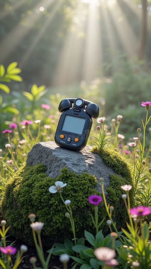 Light Meter on Mossy Rock Surrounded by Wildflowers in Sunlit Garden ...