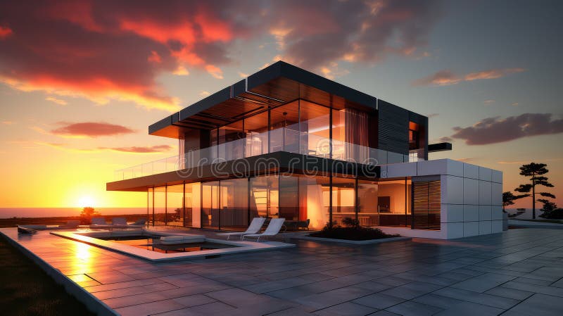 Light modern house sunset stock illustration. Illustration of beauty ...
