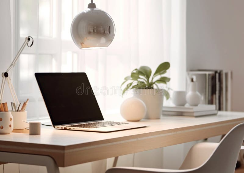Light Modern Minimalist Desk Setup with Laptop and Large Window.Macro ...