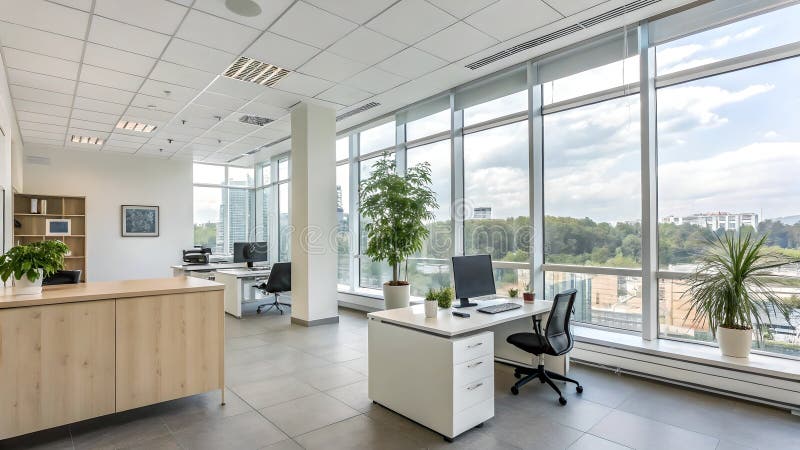 Light Modern Office Interior with Large Windows and City View, Bright ...