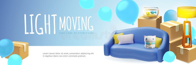 Light Moving Service 3D Vector Banner, Cardboard Boxes Stack, Sofa ...