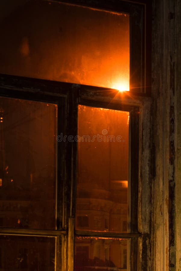 The Light of the Night Lamp Outside the Old Window Stock Photo - Image ...
