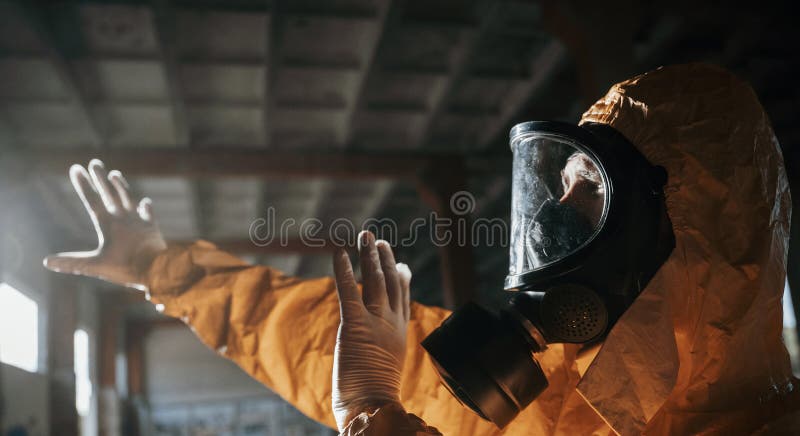 Light from Nuclear Explosion. Man Dressed in Chemical Protection Suit ...
