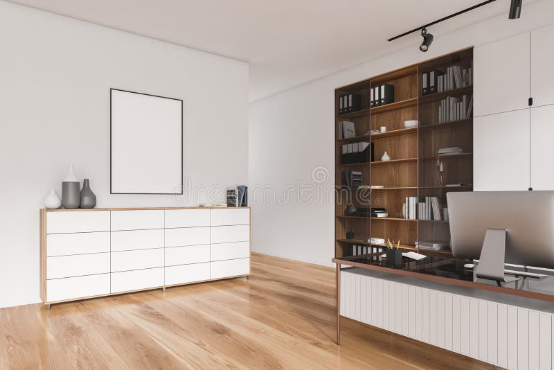 Light Office Interior with Drawer, Table and Cabinet with Decor. Mockup ...
