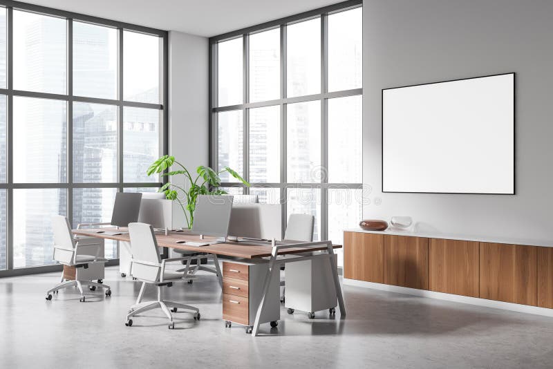 Light Office Interior with Pc Computer Near Panoramic Window. Mockup ...