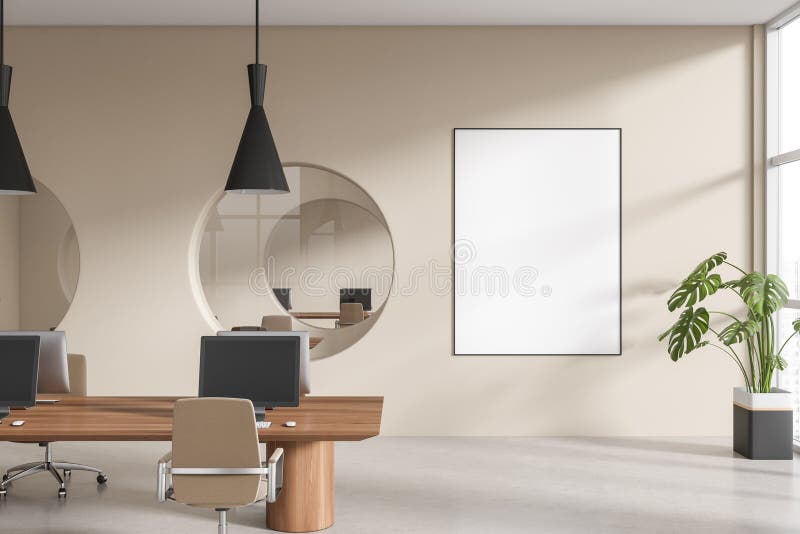Beige Business Work Zone Interior with Desk and Computers, Panoramic ...