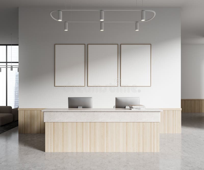 Light Office Reception Interior with Pc Computer and Three Mockup ...