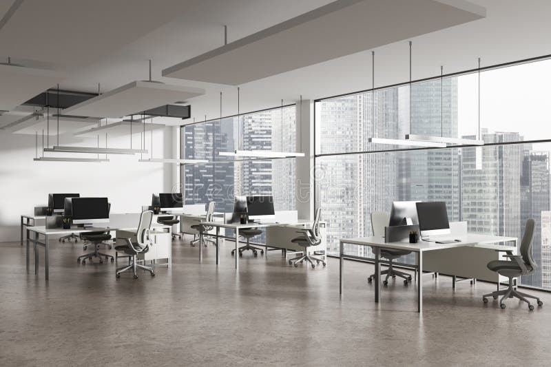 Light Office Workplace Interior with Pc Computers and Panoramic Window ...