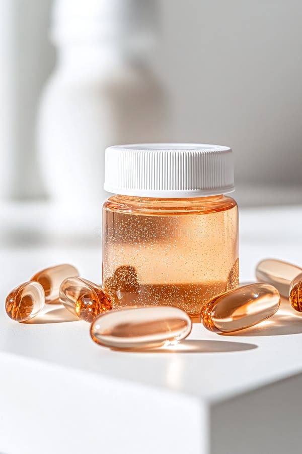 Light Orange Supplement Capsules and Clear Container on White Surface ...