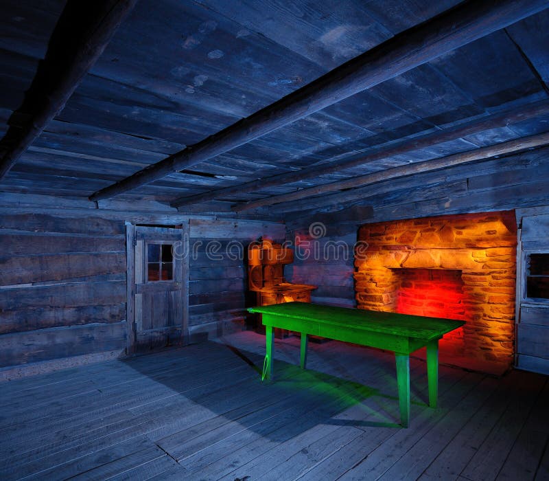 Light Painted Cabin Interior Stock Image - Image of antiques, room ...