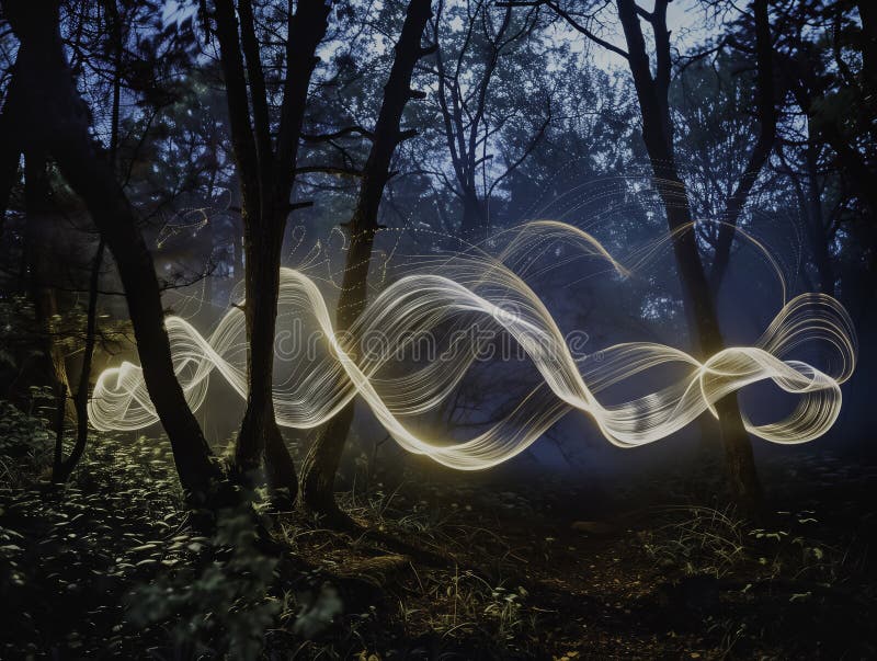 Light Painted Motion Trails in the Dark Forest at Night with Trees and ...