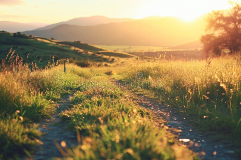Light Path Across the Grass Landscape at Sunset Light Stock Photo ...