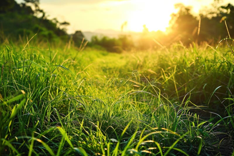 Light Path Across the Grass Landscape at Sunset Light Stock Image ...