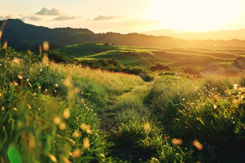 Light Path Across the Grass Landscape at Sunset Light Stock Image ...